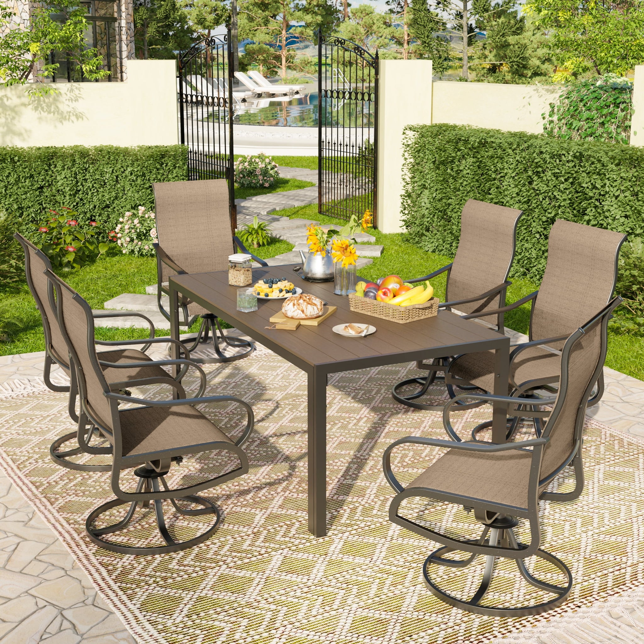 UDPATIO 7-Piece Outdoor Dining Set with High-Back Swivel Chairs & Iron